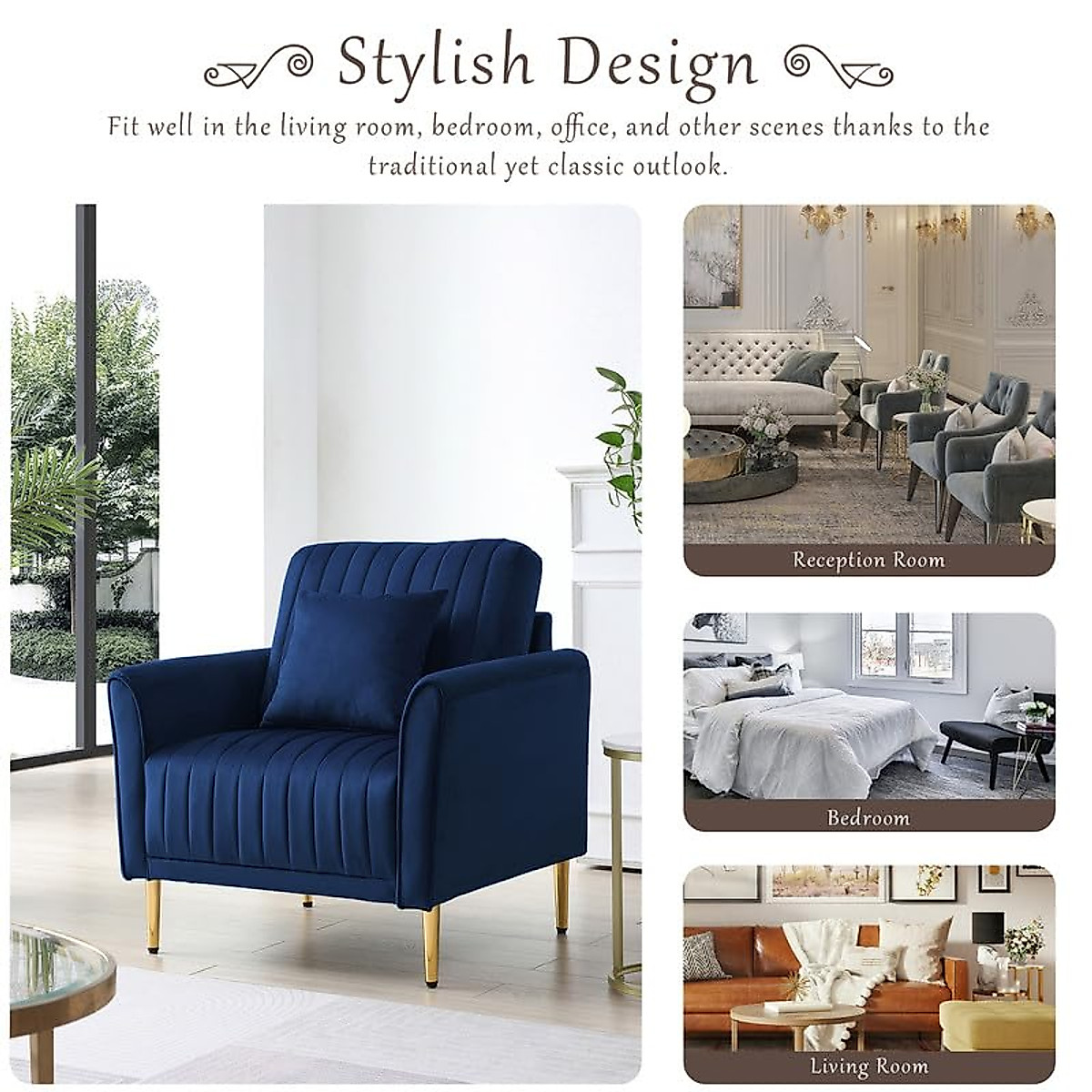 Accent Chair Mid Century Modern Arm Chair Bedroom Chair Living Room Reading Chairs Single Armchair Upholstered Sofa Chair with Waist Pillow for Living Room Bedroom Hotel Lounge (Blue)