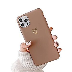 Ownest Compatible with iPhone 12 Pro Max Case for Soft Liquid Silicone Gold Heart Pattern Slim Protective Shockproof Case for Women Girls for iPhone 12 Pro Max-Brown