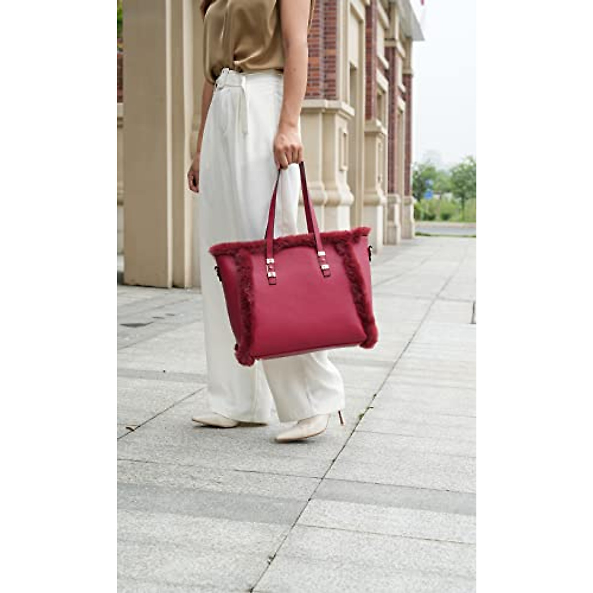 MKF Collection Fuzzy Tote Bag for Women Top-Handle Fluffy Faux Fur Crossbody Vegan Leather Purse