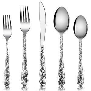 Silverware Set for 12, E-far 60-Piece Hammered Flatware Cutlery Set, Stainless Steel Eating Utensils for Kitchen Hotel Restaurant Party, Modern Design & Mirror Finished - Dishwasher Safe