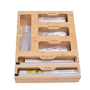 BATHA 6 in 1 Bamboo Ziplock Bag Storage Organizer with Foil and Plastic Wrap Dispenser with Cutter, Bamboo, Bag Organizer, 12" Roll Plastic Wrap, Foil…