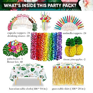 ADAM’S OFFER Hawaiian Luau Birthday Party Decorations Tropical Aloha Party Supplies for Summer Beach Decor Leis Necklaces Table Skirt Tablecloth Straws Toppers Leaves Balloon Kit