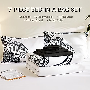 WRENSONGE Queen Comforter Set, 7 Pieces Black and White Floral Comforter Set with Sheets for Queen Size Bed, Flower Pattern Queen Bedding Set, Soft Lightweight Breathable Bed in a Bag for All Seasons