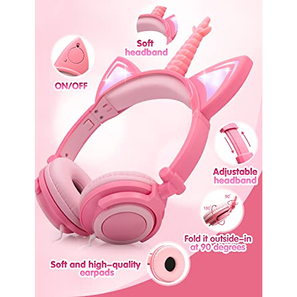ONTA Unicorn Kids Headphones, Cat Ear LED Light Up Foldable Earphone Wired Over On Ear for Girls Boys,Kids Headband Toddler Tablet for School Supply/Travel/Holiday/Birthday/Cosplay Gifts(Peach)