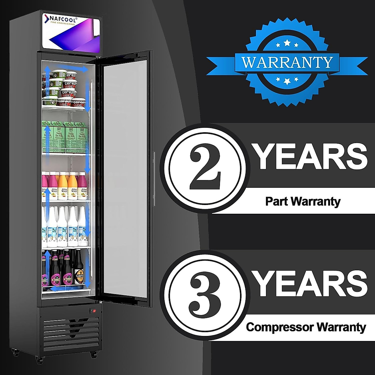 NAFCOOL Sub Zero Commercial Beverage Refrigerator Display Fridge，6 Cu Ft Small Slims Single Glass Door Merchandiser Drink Cooler with LED Light Adjustable Shelves,ETL and NSF Approval,15.4" Wide