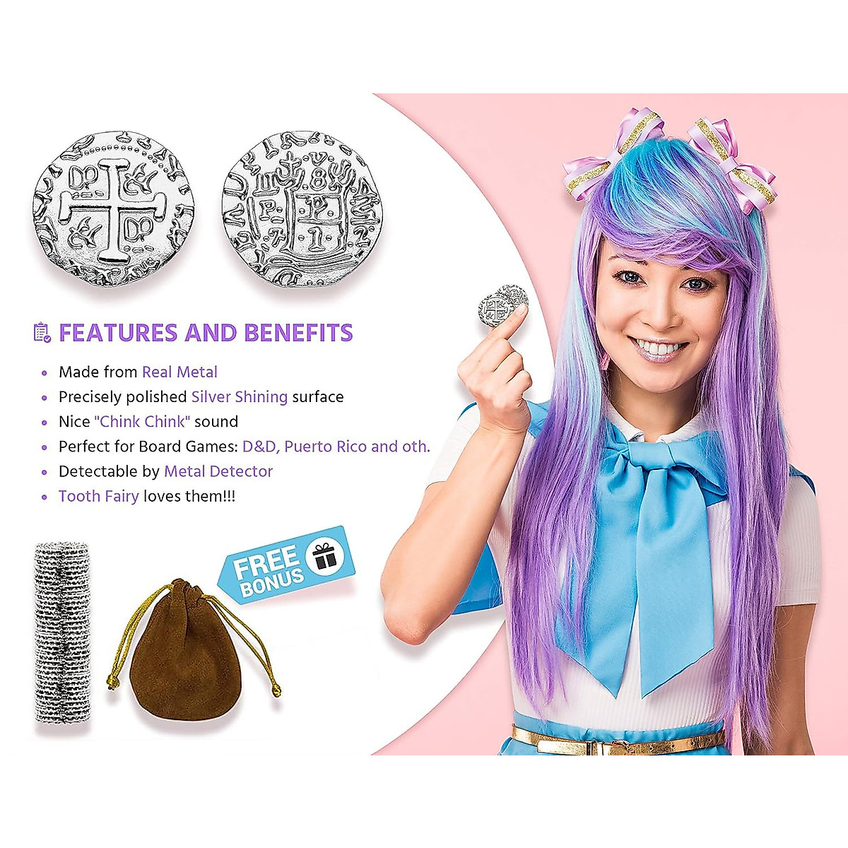 Metal Pirate Coins, 100 Large Silver Treasure Coin Set, Metal Replica Spanish Doubloons for Board Games, Tokens, Toys, Cosplay - Realistic Money Imitation, Pirate Treasure Chest, Diameter: 1.06"