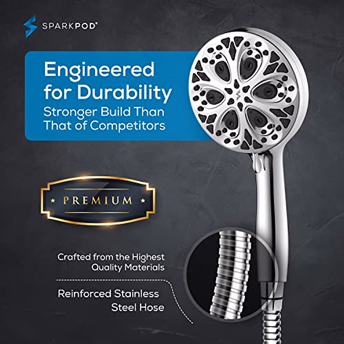 SparkPod 10-Mode Shower Head with Hose - Luxury 5" High Pressure Shower Heads - Handheld Shower Head with High Pressure Built-In Power Jet, Stainless Steel 6ft Hose and Bracket (Polished Chrome)
