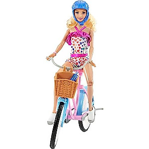 Barbie Doll & Bike Set with Accessories, Blonde in Rainbow Romper with Pink & Blue Bicycle, Helmet, Basket & Water Bottle