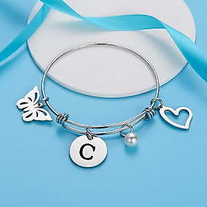 malyunin Initial Bracelet Charm Bracelets Heart Butterfly 26 Letters Alphabet Bracelet for Women Letter Bracelet Personalized Jewelry (C)
