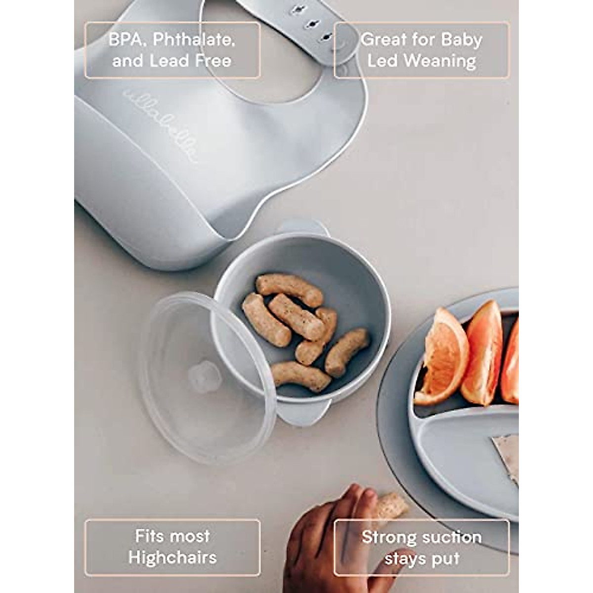 Ullabelle Suction 7 Pc Baby Feeding Set -BPA Free, 100% Food Grade Silicone- Microwave & Dishwasher Safe- 2 Silicone Bibs, 1 Suction Divided Toddler Plate, 1 Suction Bowl w/ Lid & 2 Spoons (Grey)