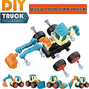 Sand Toys for Kids Toddlers: Take Apart Construction Toys Truck Set Includes Road Roller, Excavator, Bulldozer, Drilling Truck