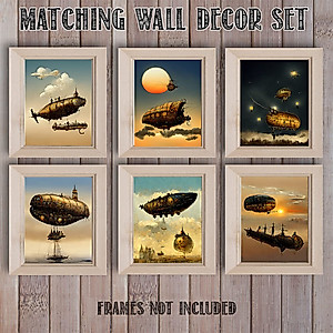 Steampunk Airships Art Prints - Set of Six Gallery Wall Photos (8x10) Unframed Print Poster - Science Fiction Home Decor and Gift For Aviation, Sailing, and Navigation Buffs