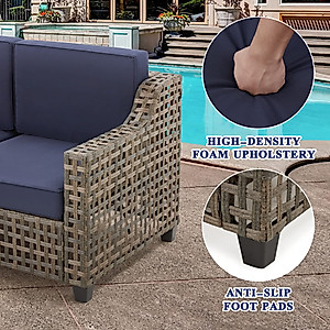 EROMMY 4 Pieces Patio Furniture Set Sofa Couch with Cushions and HDPE Table Top, Handwoven PE Wicker Rattan Patio Furniture Set for Patio, Garden, Yard, Pool, Brown and Blue