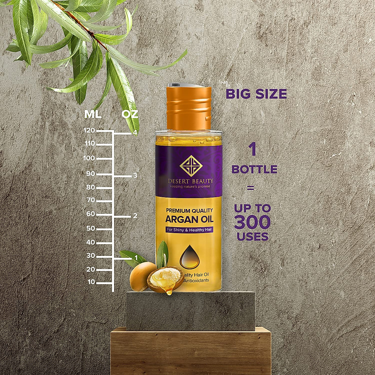 Desert Beauty Argan Oil, 4 oz, Hair Oil Treatment for Dry Damaged Hair, Leave-in Conditioner, Hydrating, Strengthens, Natural, Cruelty Free