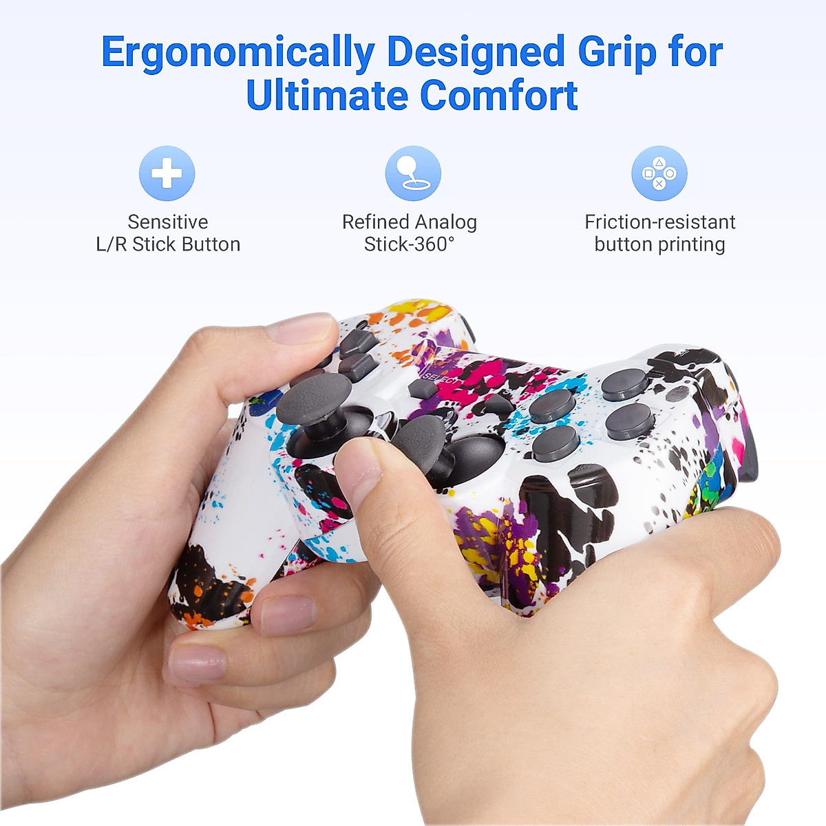 PS-3 Controller, 2 Pack Wireless Controller for PS3 for Sony Playstation-3, Double Shock, Bluetooth Connection, Rechargeable, Motion Sensor, Upgraded Remote Gamepads for PS3, 2 x USB Charging Cords