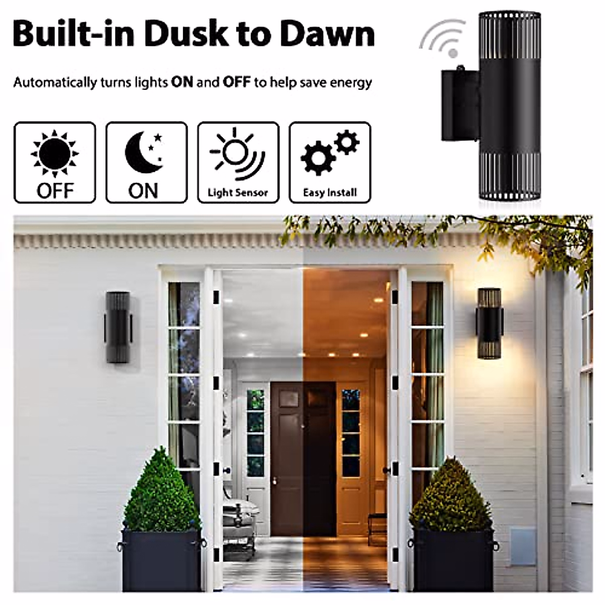 APOTO Dusk to Dawn Outdoor Wall Light Fixture,11W LED Up and Down Porch Light,3000K|4000K|5000K Exterior Wall Sconce Wall Mount,Aluminum Wall Lamp,IP44 Waterproof Outside Lights for House Front Door
