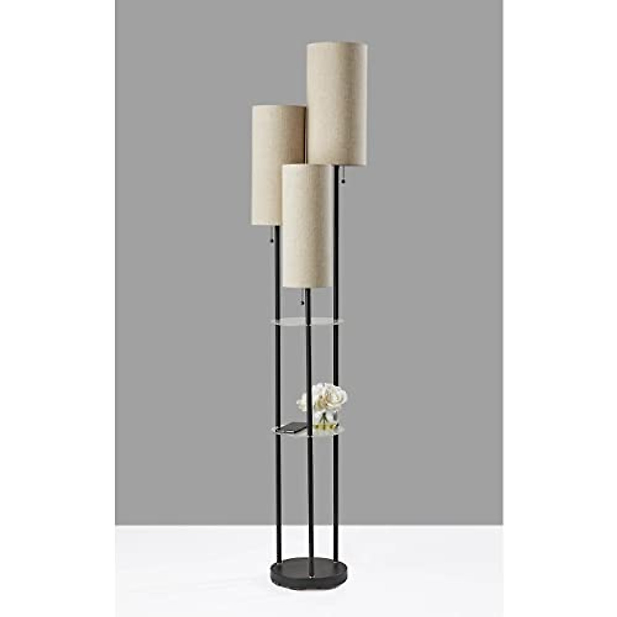 Adesso 4305-01 Trio Shelf Floor Lamp, 68 in, 3 x 40W Type A (Not Included), Black w/Antique Brass Accents, Floor Lamps