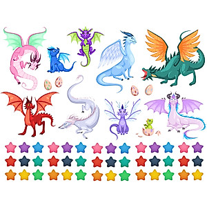 MEFOSS Creative Fairy Dragon Wall Decals Cartoon Large Wings Dragons Eggs Stars Wall Stickers Easy to Peel and Stick Wall Stickers Art Paper for Playroom Nursery Classroom Kids Bedroom Wall Decor