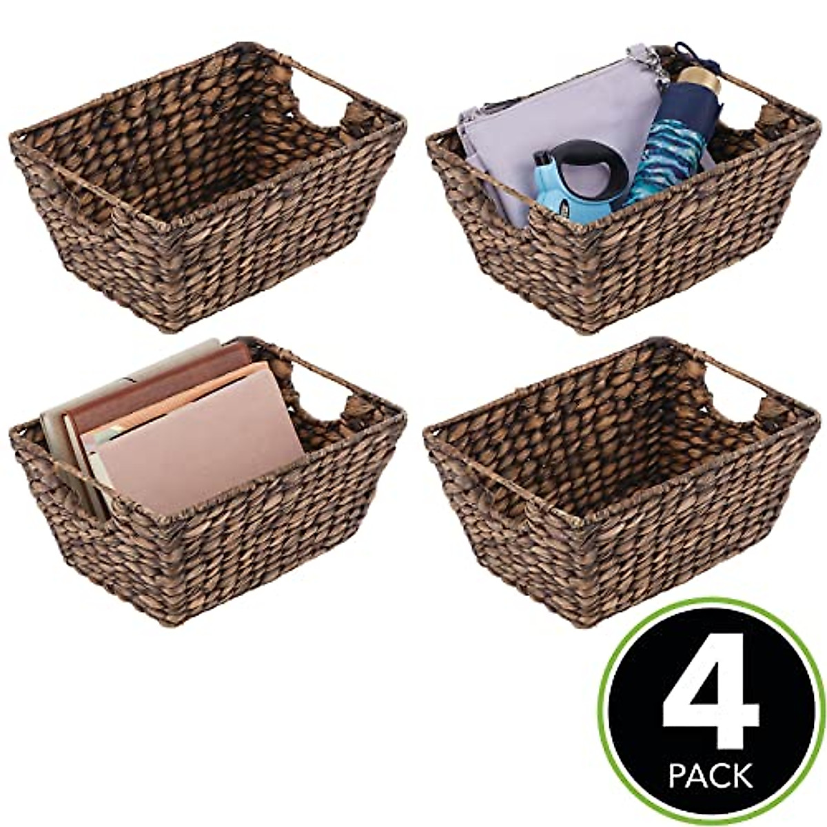 mDesign Natural Woven Hyacinth Closet Storage Organizer Basket Bin for Kitchen Cabinets, Pantry, Bathroom, Laundry Room, Closets, Garage - 4 Pack - Dark Brown