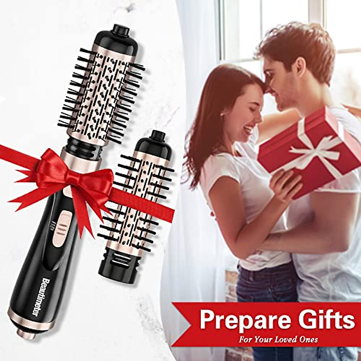 Beautimeter Hair Dryer Brush, 3-in-1 Round Hot Air Spin Brush Kit for Styling and Frizz Control, Negative Ionic Blow Hair Dryer Brush Volumizer, 2 Detachable Auto-Rotating Curling Brush, Black & Gold