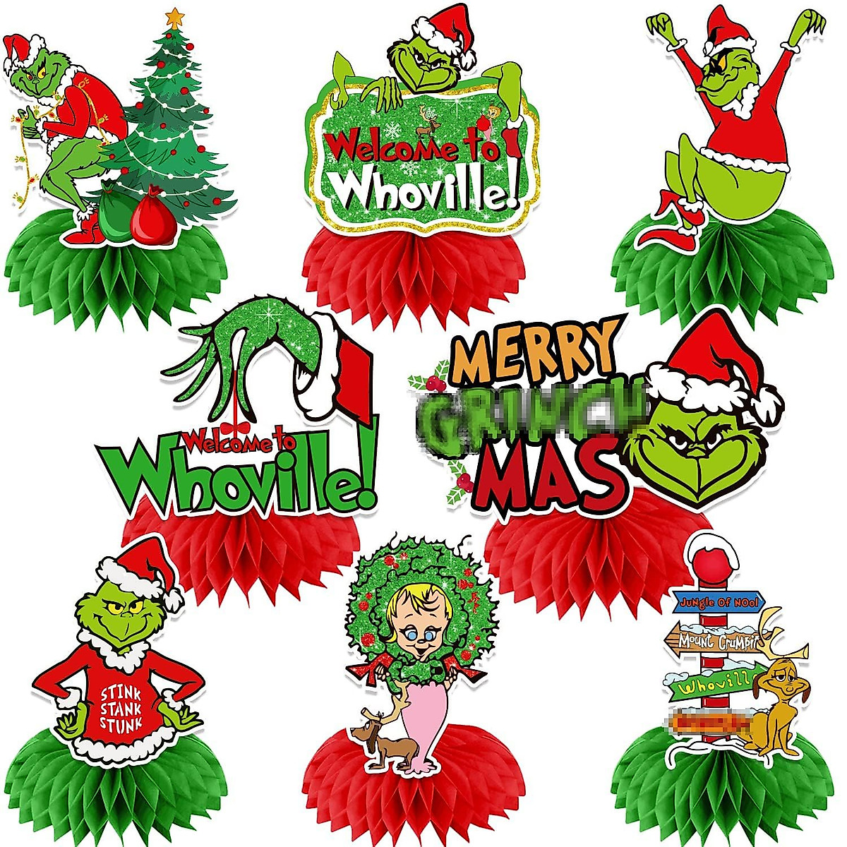 Whoville Christmas Decorations, 8pcs Welcome to Whoville Honeycomb Centerpieces Whoville Decorations for Table Merry Christmas Table Decorations Xmas Party Decorations