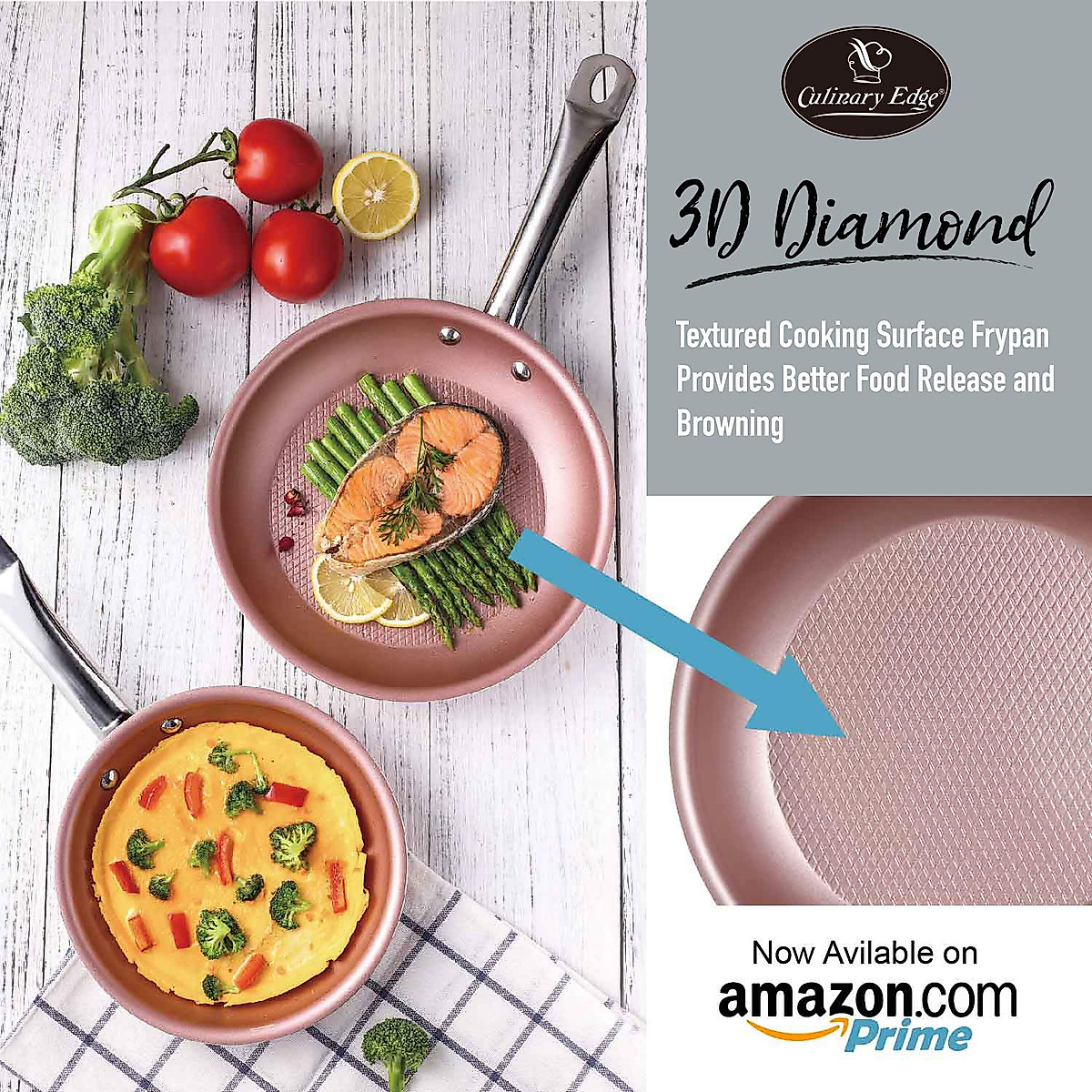 Culinary Edge 3D Diamond Textured Bottom 9.5-Inch Nonstick Oven/Dishwasher Safe Fry Pan - Rose Gold