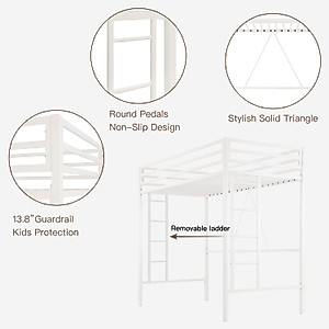 ikalido Twin Size Loft Bed, Multifunctional Metal Twin Bed with Safety Guard & Removable Ladder, Space-Saving Bed Frame for Small Bedroom, Matte White