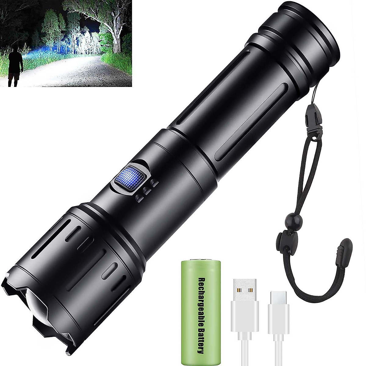 JAY-PARK Flashlights High Lumens Rechargeable, LED Flashlight 500000 Lumen Super Bright Powerful, USB-C Handheld Flashlight Zoomable High Power Tactical Flash Light for Emergencies, Camping