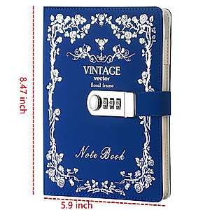 JunShop Lock Journal Diary Digital Password Notebook Leather Binder Diary with Combination Lock Print Bronzing (Blue)