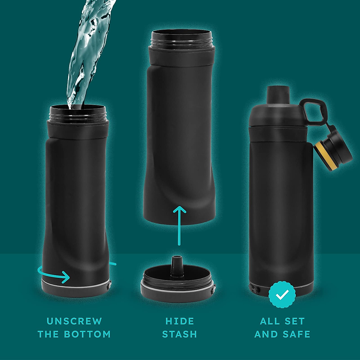 Diversion Water Bottle 13.5oz - Biggest Hidden Wallet Compartment - Best For Travel Or Hidden Safe For The Home - BPA Free Black Diversion Safe Storage