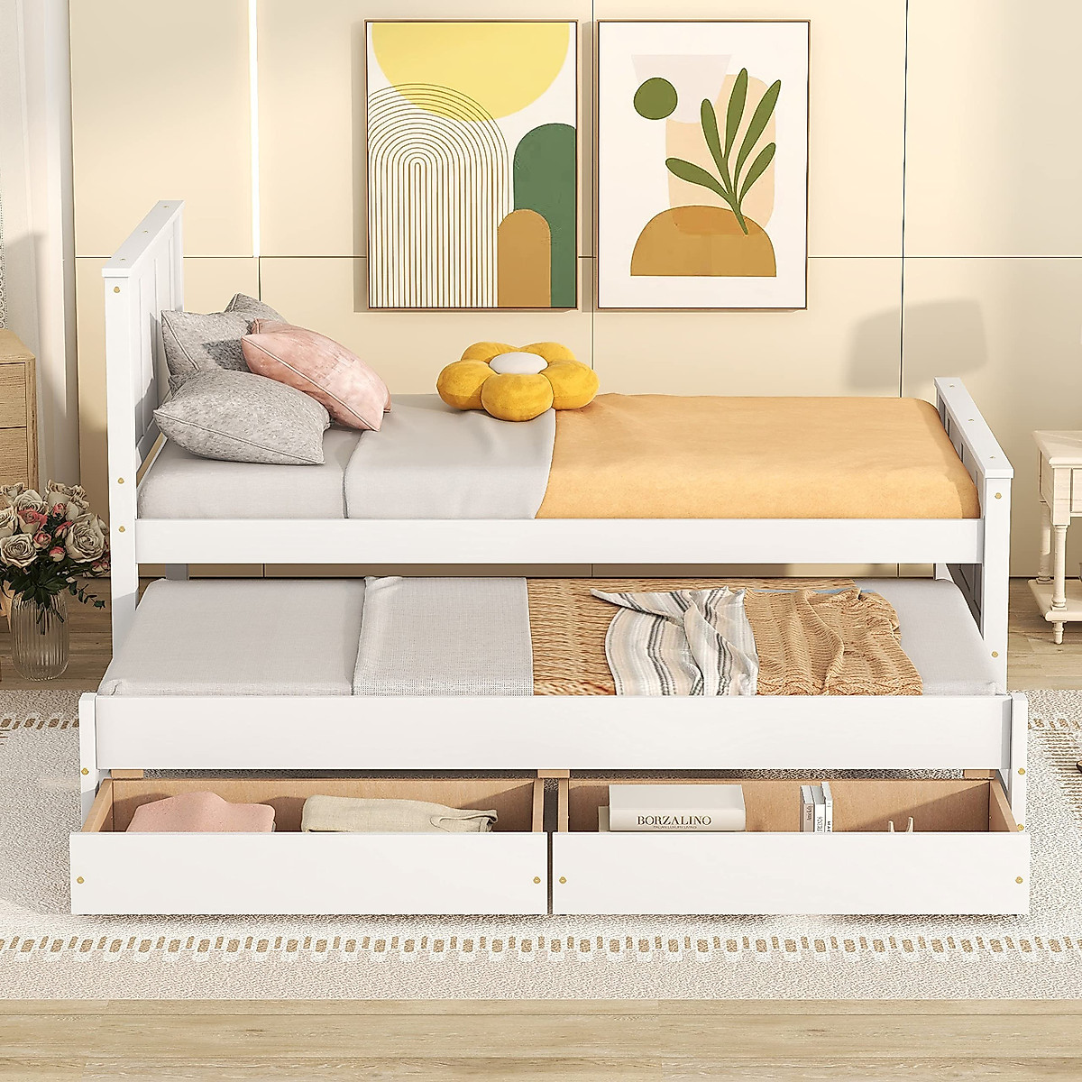 CITYLIGHT Twin Bed with Trundle and Storage, Wood Twin Size Platform Bed Frame with Trundle and Drawers, Space-Saving Twin Size Bed for Kids, Boys, Girls (Twin,White)