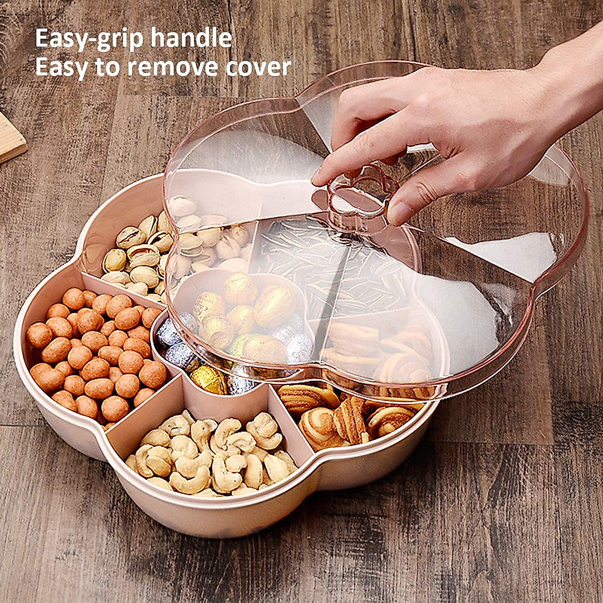 Flower Shaped Snack Serving Tray with Lid, Plastic Divided Serving Container with 6 Compartment, Food Storage Organizer for Candy, Nut, Dried Fruit, Perfect for Parties, Family