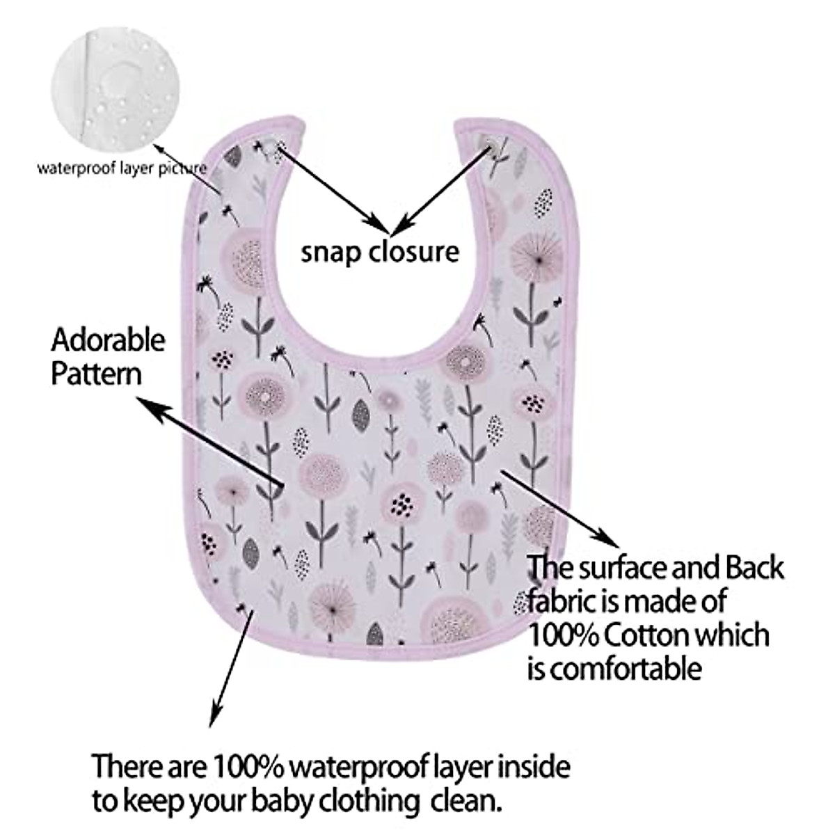 Maiwa 6 Pack Large Cotton Waterproof Baby Toddler bibs with Snaps for drooling teething eating girls 3-24 M