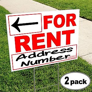 FOR RENT Yard Signs Double Sided Prints on 24" x 18" Corrugated Plastic Lawn Sign + Heavy Duty H-Stakes Wire Stand (2)