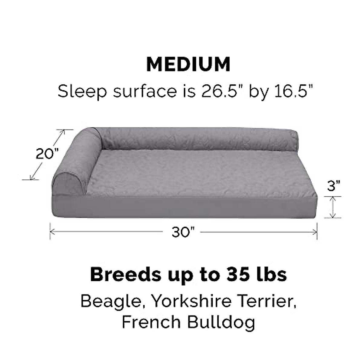 Furhaven Medium Memory Foam Dog Bed Pinsonic Quilted Paw L Shaped Chaise w/ Removable Washable Cover - Titanium, Medium
