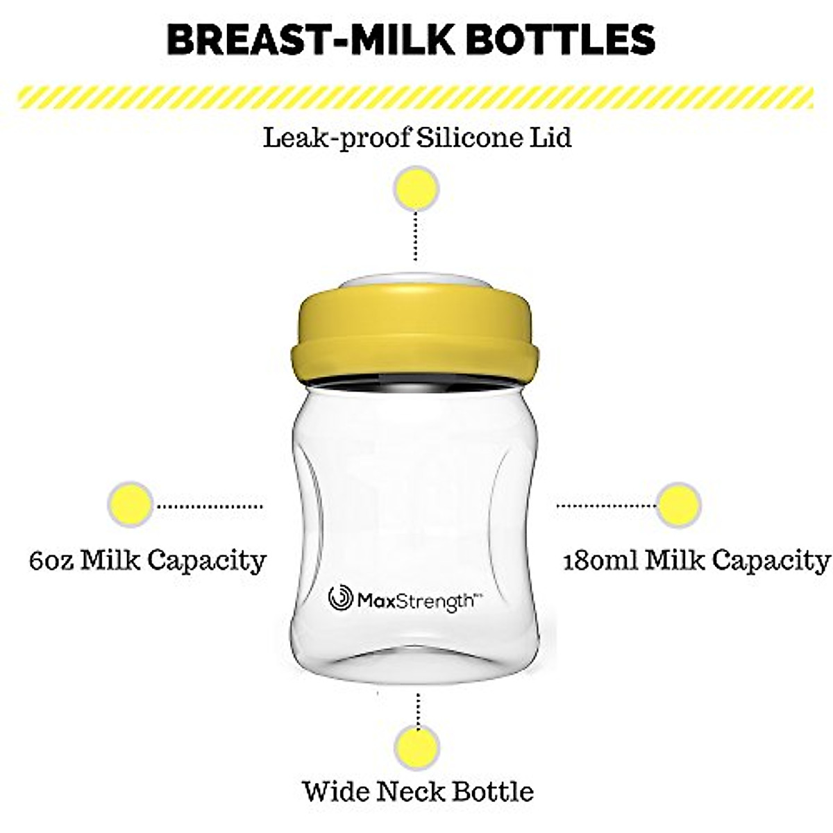 Breastmilk Bottles 6pc Set with Leak Proof Lids by Max Strength Pro, 6.oz 180ml Reusable Wide Neck Bottles Best for Breast Milk Collection & Storage Solution, BPA Free, Fits Spectra & Avent Models