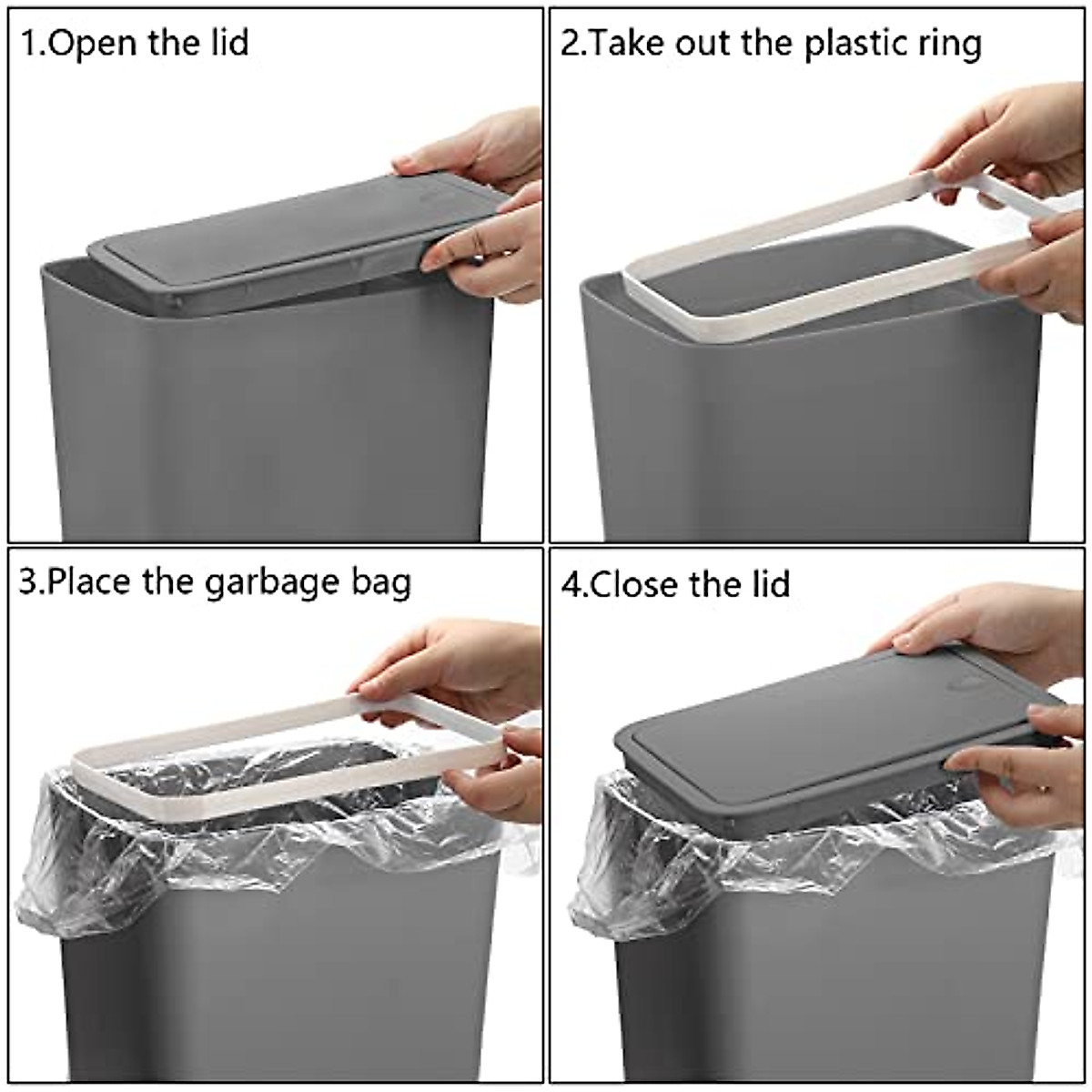 Fasmov Trash Can, 2 Pack 15 Liter / 4 Gallon Plastic Garbage Container Bin with Press Top Lid, Waste Basket for Kitchen, Bathroom, Living Room, Office, Narrow Place (Gray + Black)