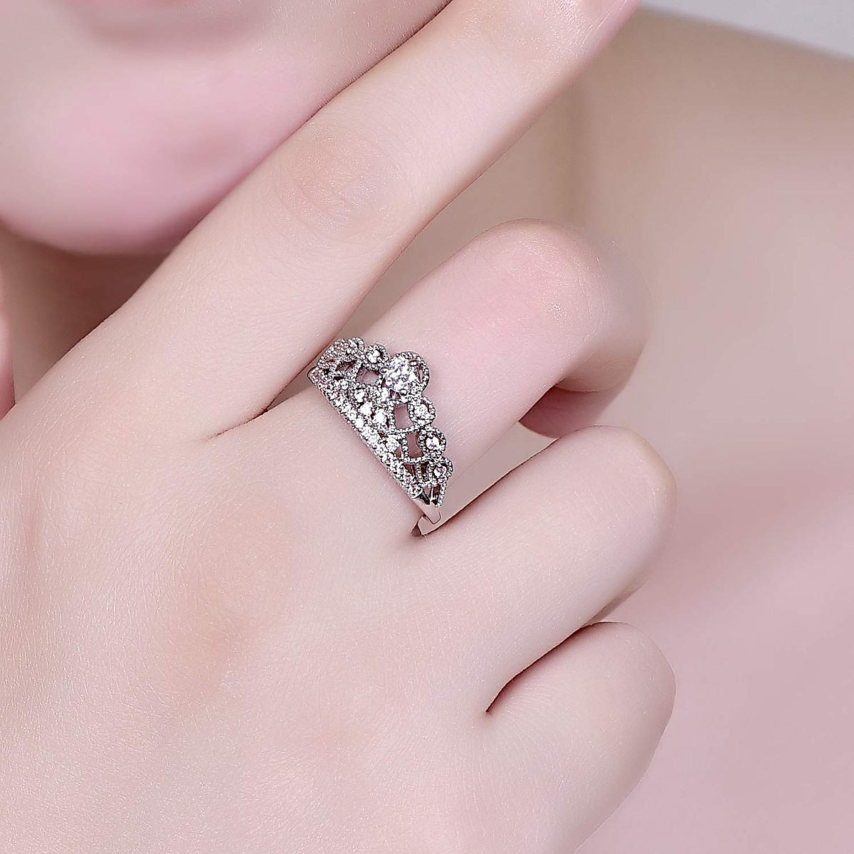 Narica Silver Plated Round Cut Created White Topaz CZ Cubic Zirconia Filled Halo Wedding Engagement Crown Ring 2PCS Women's Band Set for Mom Lover Gift 8#