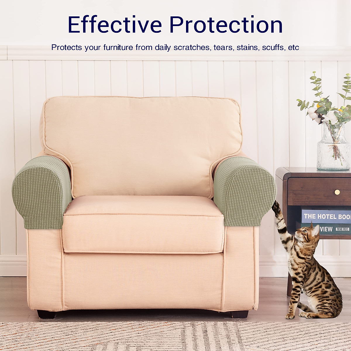 SUBRTEX Stretch Armrest Covers Spandex Arm Covers for Chairs Couch Sofa Armchair Slipcovers for Recliner Sofa with Twist Pins 2pcs (Sand)