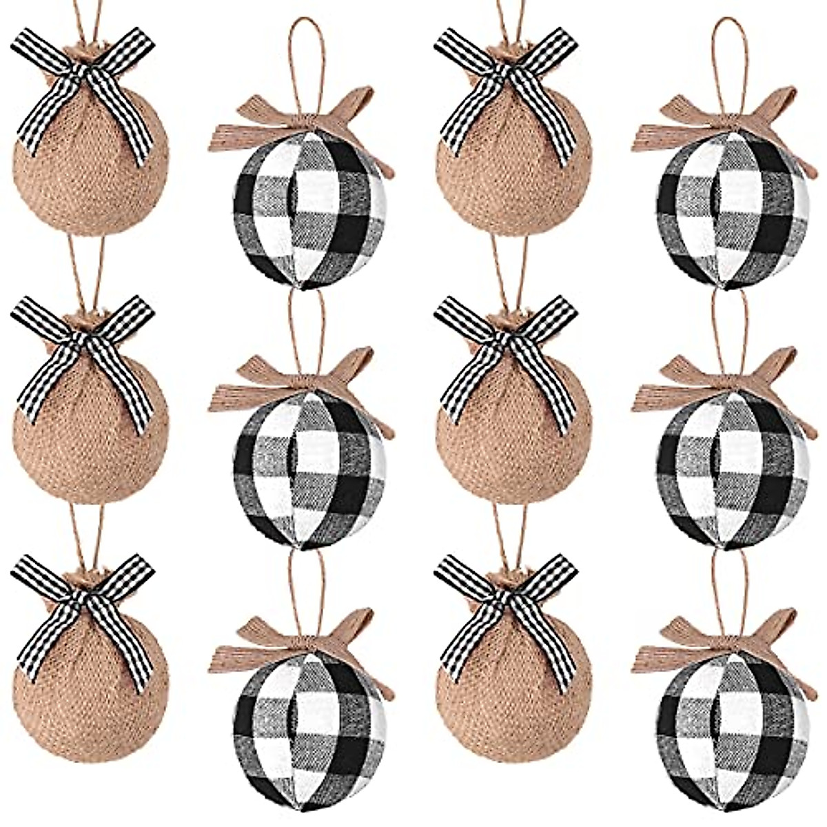 Christmas Decorations Tree Ornaments, 12pcs Buffalo Plaid Burlap Farmhouse Christmas Ornaments, Black White Country Xmas Decor Indoor, Cute Rustic Xmas Balls for Home Office Family Holiday Party