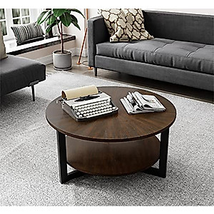 LEEMTORIG 33.5" Round Coffee Table with Storage, Farmhouse Coffee Table for Living Room, Solid Wood Circle Center Table, Rustic Brown Wood Tabletop & Metal Frame, KFZ-1338-NC