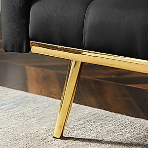 Modern Velvet Convertible Sleeper Sofa Bed with 2 Pillows, Futon Sofa Couch Loveseat with Multiple Adjustable Positions and Gold Metal Legs for Living Room Bedroom Office Apartment (Black)