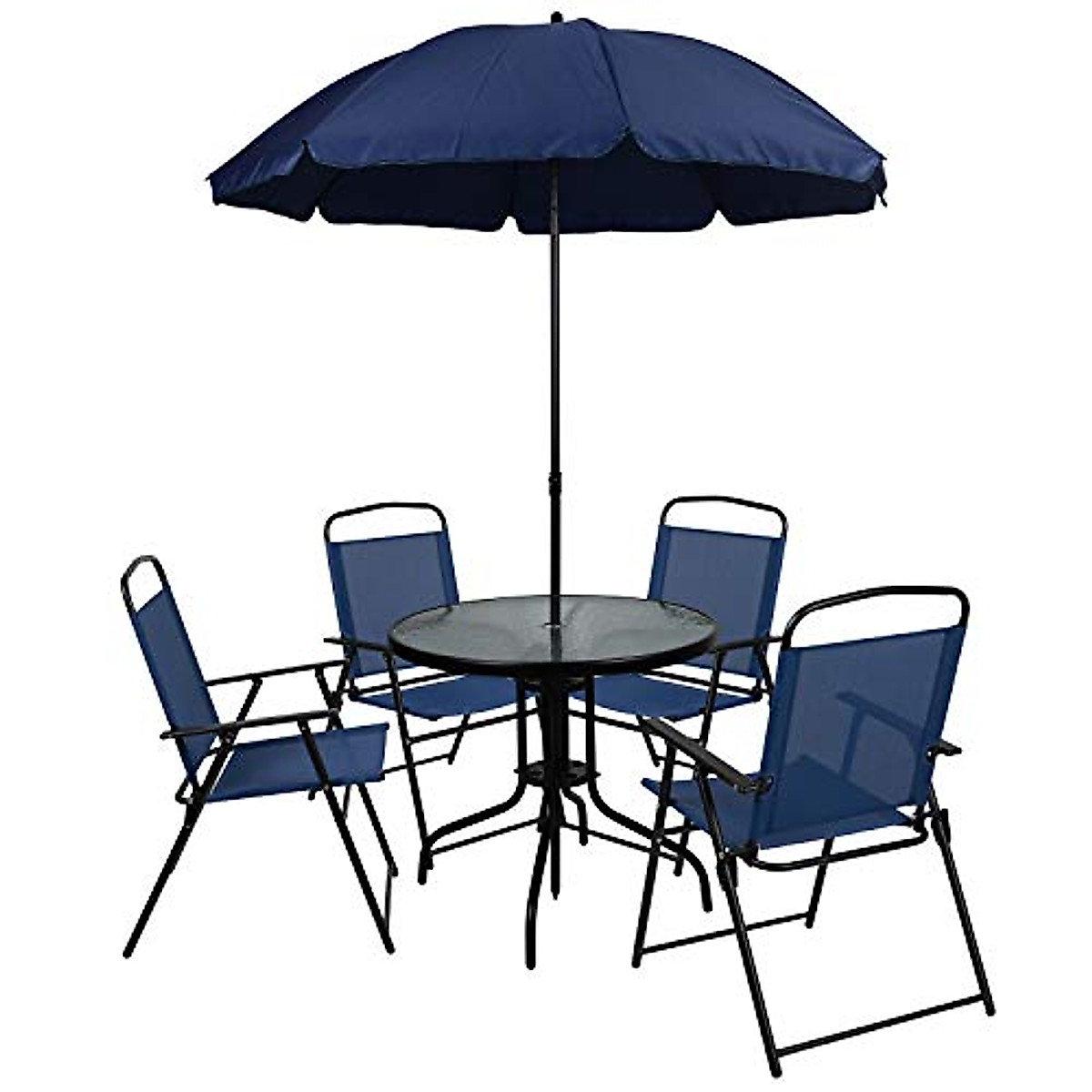 Flash Furniture Nantucket 6 Piece Patio Garden Table Set - Umbrella Table - Set of 4 Navy Folding Chairs