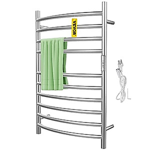 VEVOR Heated Towel Rack, 10-Bar Curved Design, Wall-Mounted Electric Towel Drying Rack with Built-in Timer, Polishing Brushed Stainless Steel for Bath, Plug-in/Hardwired, UL Certified, Silver