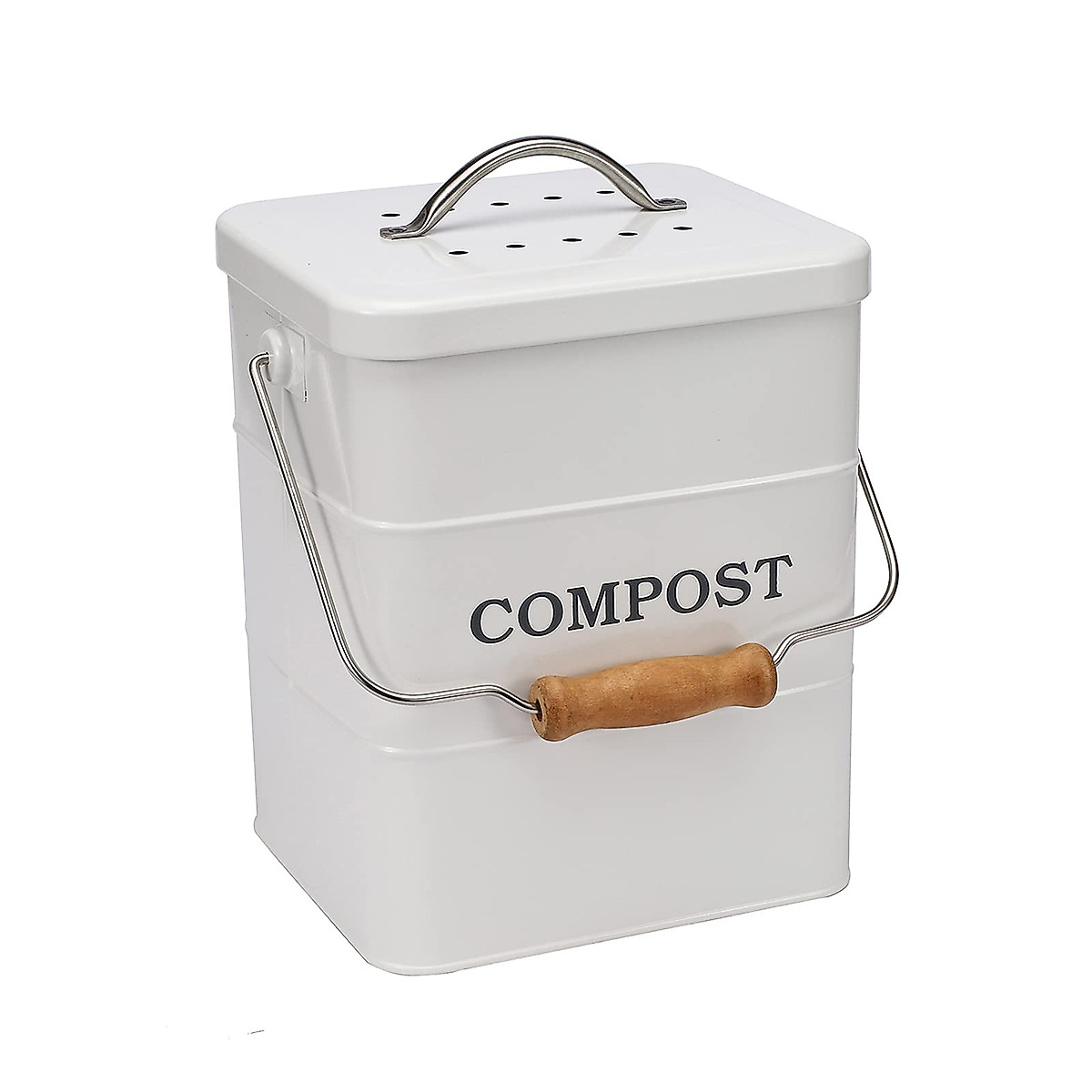 Compost Bin Kitchen Countertop Indoor Compost Pail Bucket, Great for Food Scraps, Carbon Steel, Handles, White, 1 Gallon - Includes Charcoal Filter