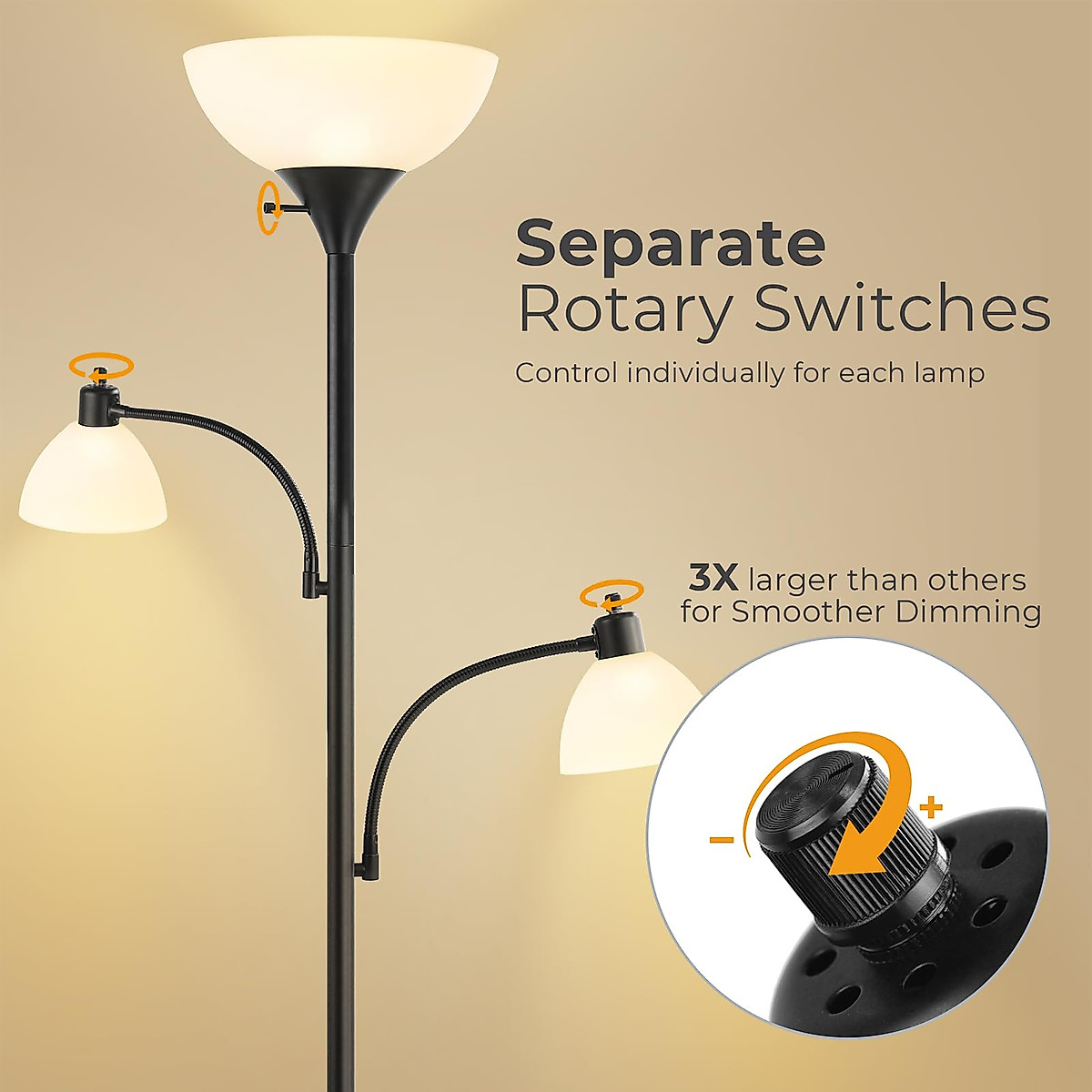 Isloys Led Floor Lamp, Torchiere Bright Black Floor Lamp with 2 Reading Lamps, Led Tall Standing Pole Lamps for Living Room Bedroom Office, 3 Way Switch, 3 Led Bulbs Included