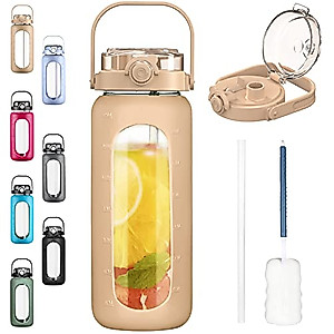 BLUEGO 56oz Glass Water Bottles with Straw Time Marker Half Gallon Large Motivational Water Bottle with Silicone Sleeve 2 Liter Large Glass Water Jug for Gym, Sports& Workout, Amber