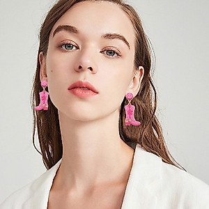 UYT Beaded Cowgirl Boot Earring Western Cowboy Boots Earrings for Women Boho Beads Shoes Dangle Drop Earrings Y2k Jewelry Party Gift (pink)