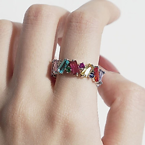 Michooyel Eternity Rainbow Ring Band Ring for Women Rhodium Plated Baguette Multicolor Cubic Zirconia Eternity Ring