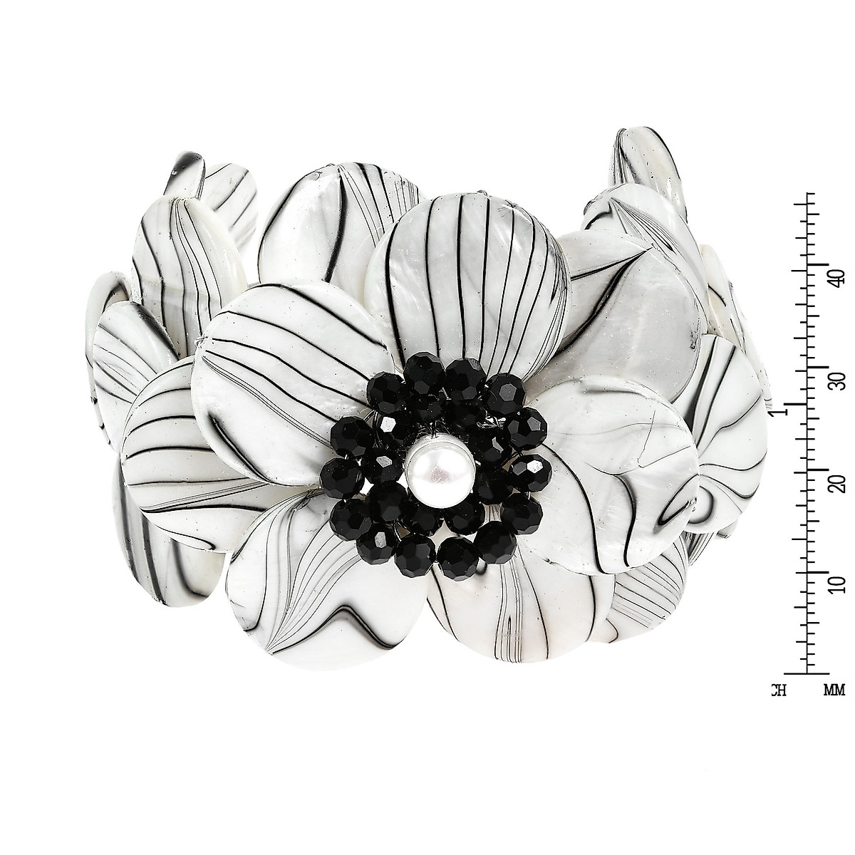AeraVida Zebra Painted Mother of Pearl Shell Cluster Flower Cuff Bracelet | Adjustable Cuff Bracelet for Women | Floral Cuff Bracelet | Black and White Cuff Bracelet